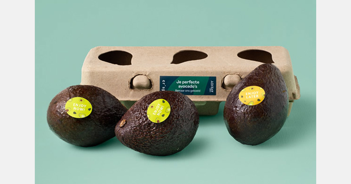 Three avocados at different stages of ripening in one 'avocado box'