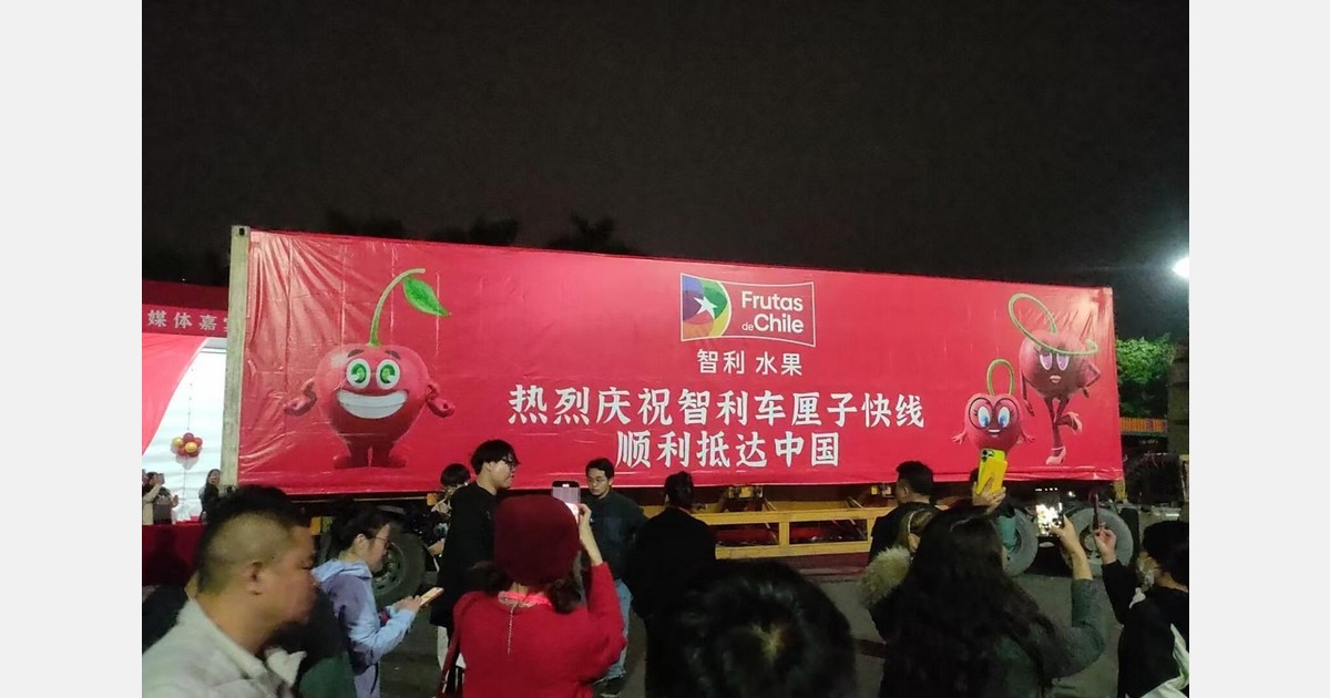 First container of Chilean cherry express arrived at Guangzhou Jiangnan Market on the evening of ...