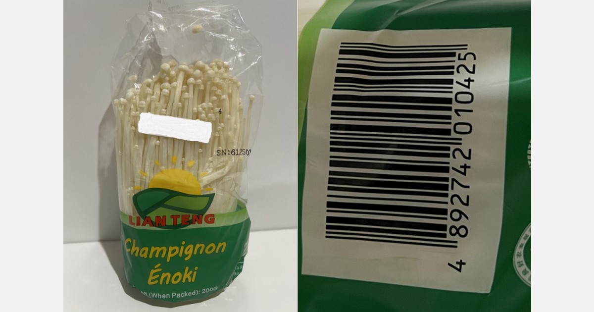 Lian Teng brand "Champignon Énoki" recalled due to Listeria monocytogenes