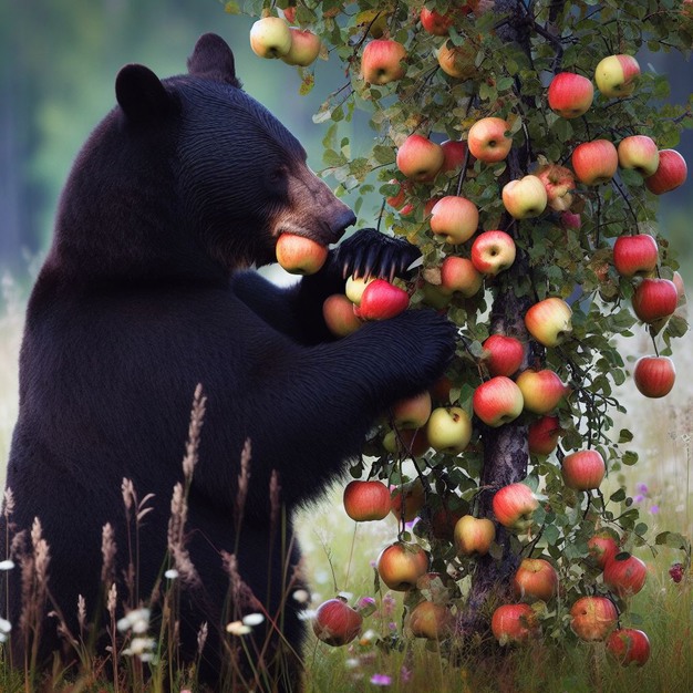 Hungry black bear picking apples