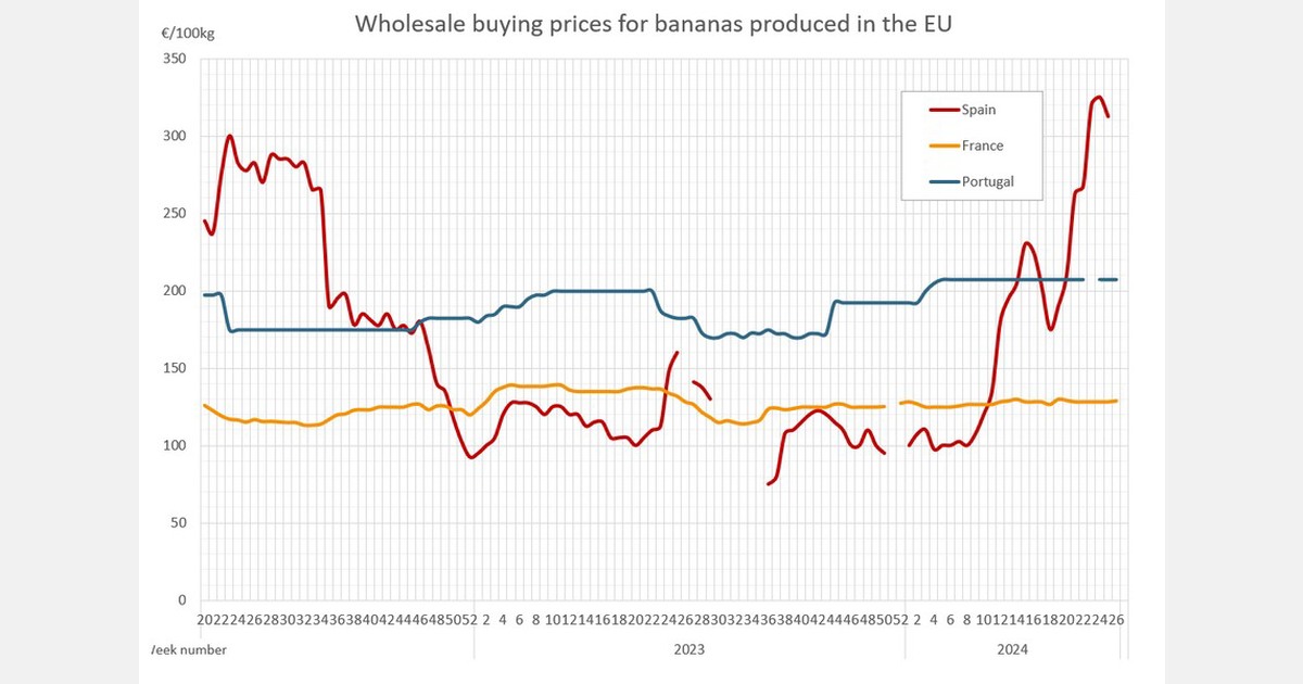 The average wholesale price of European bananas at €129 per 100 kgs in ...