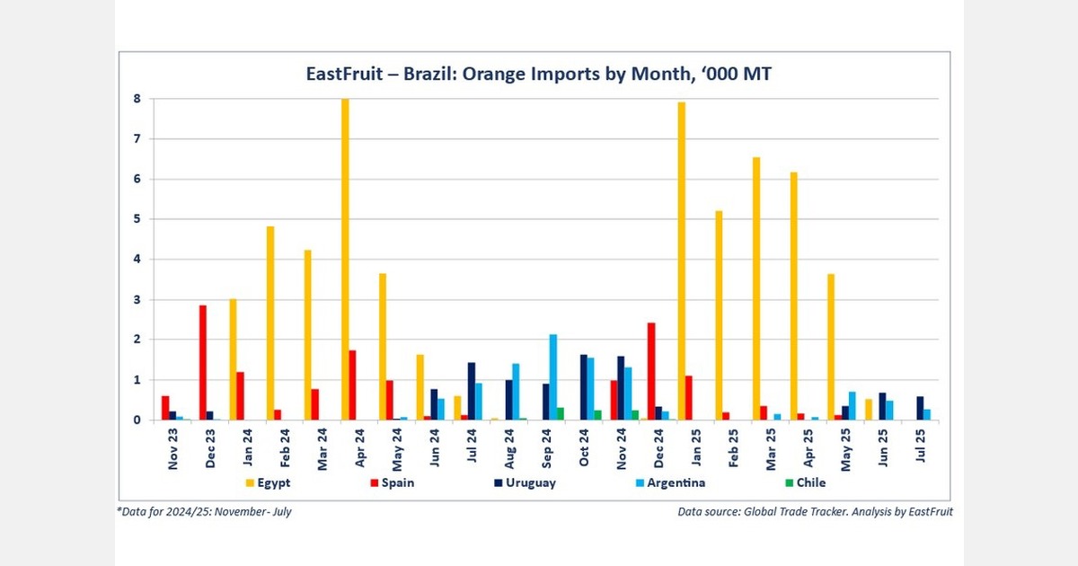Egypt orange exports to Brazil reach 30,000 tons